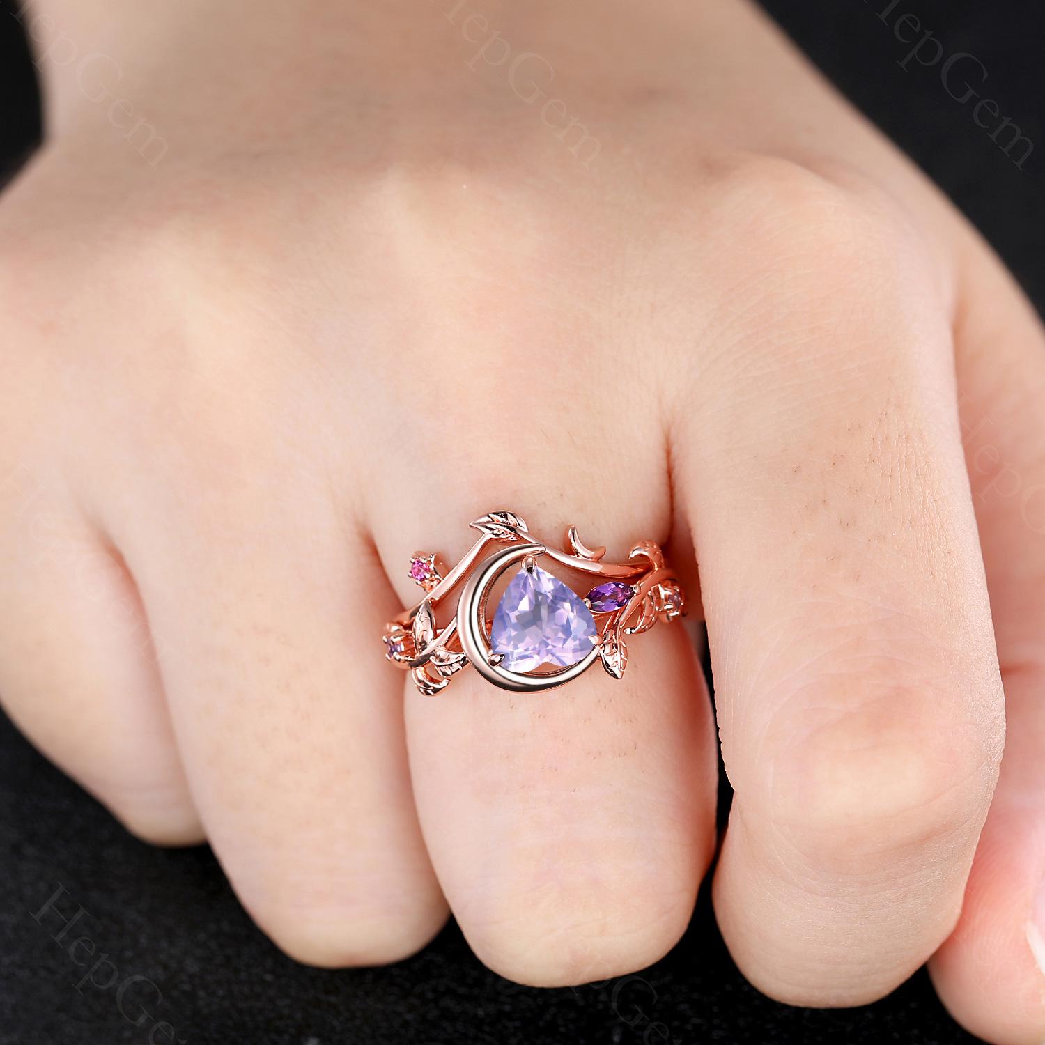 Romantic Lavender Amethyst Engagement Ring Set, Love Heart Wending Band ...