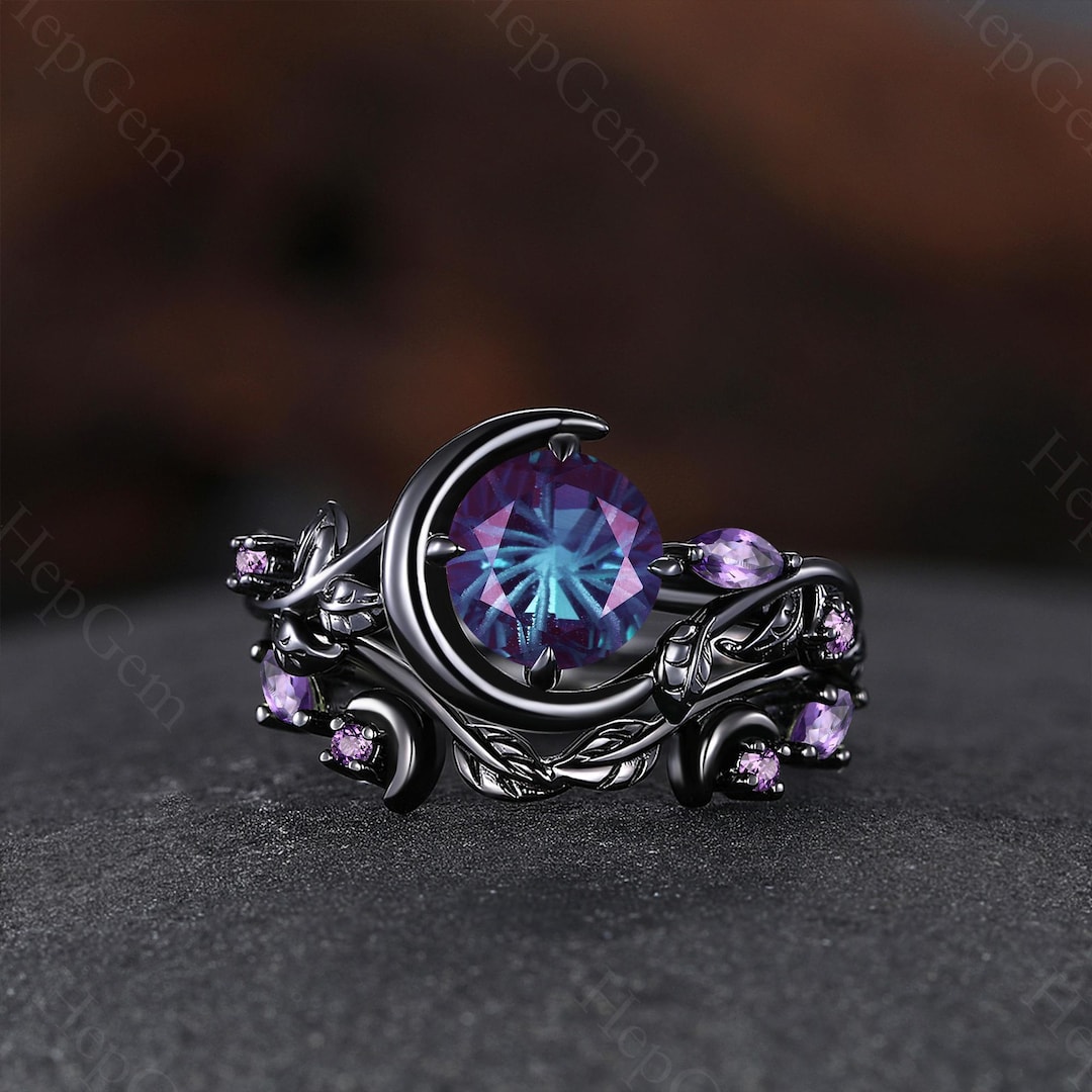 Firework Cut Alexandrite Engagement Ring Handmade Gothic Moon Ring ...