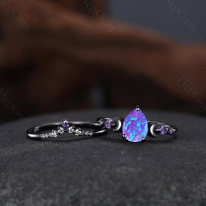 Vintage Pear Purple Opal Engagement Ring Set Black Gold Amethyst Ring ...