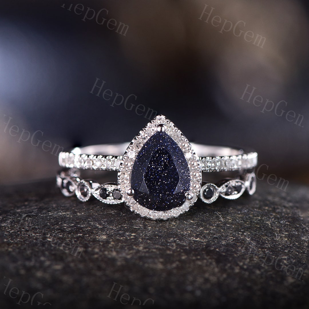 Vintage Blue Sandstone Engagement Ring Set,white Gold Ring,pear Shaped ...