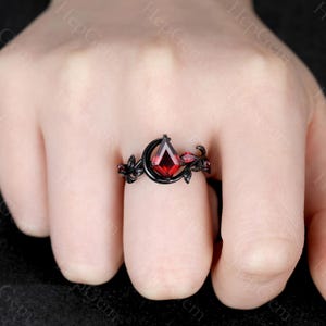Gothic Garnet Couples Ring Set His and Hers Matching Wedding Band Moon ...