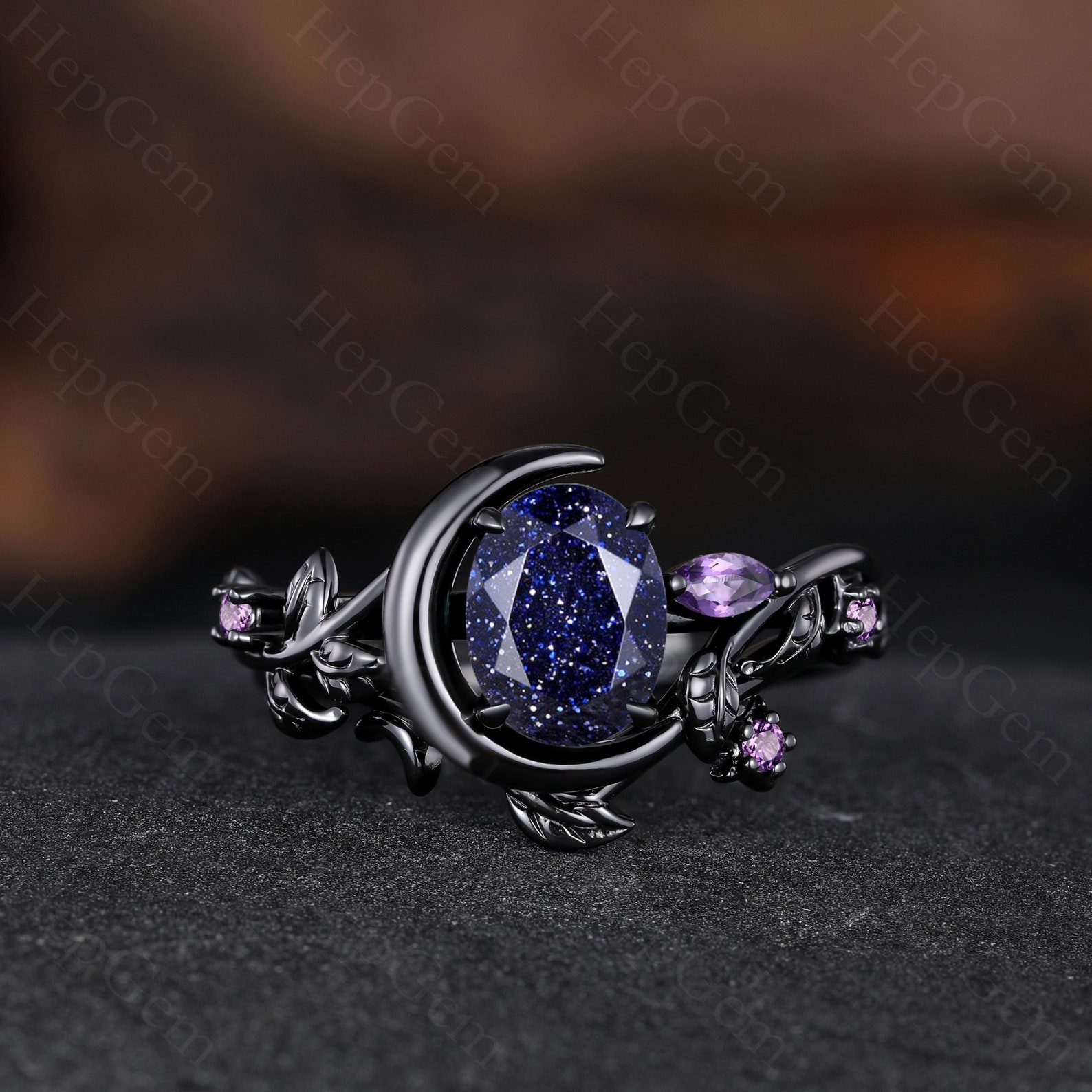Natural Blue Sandstone Ring Set Moon Star Design Vintage Oval Sandstone ...