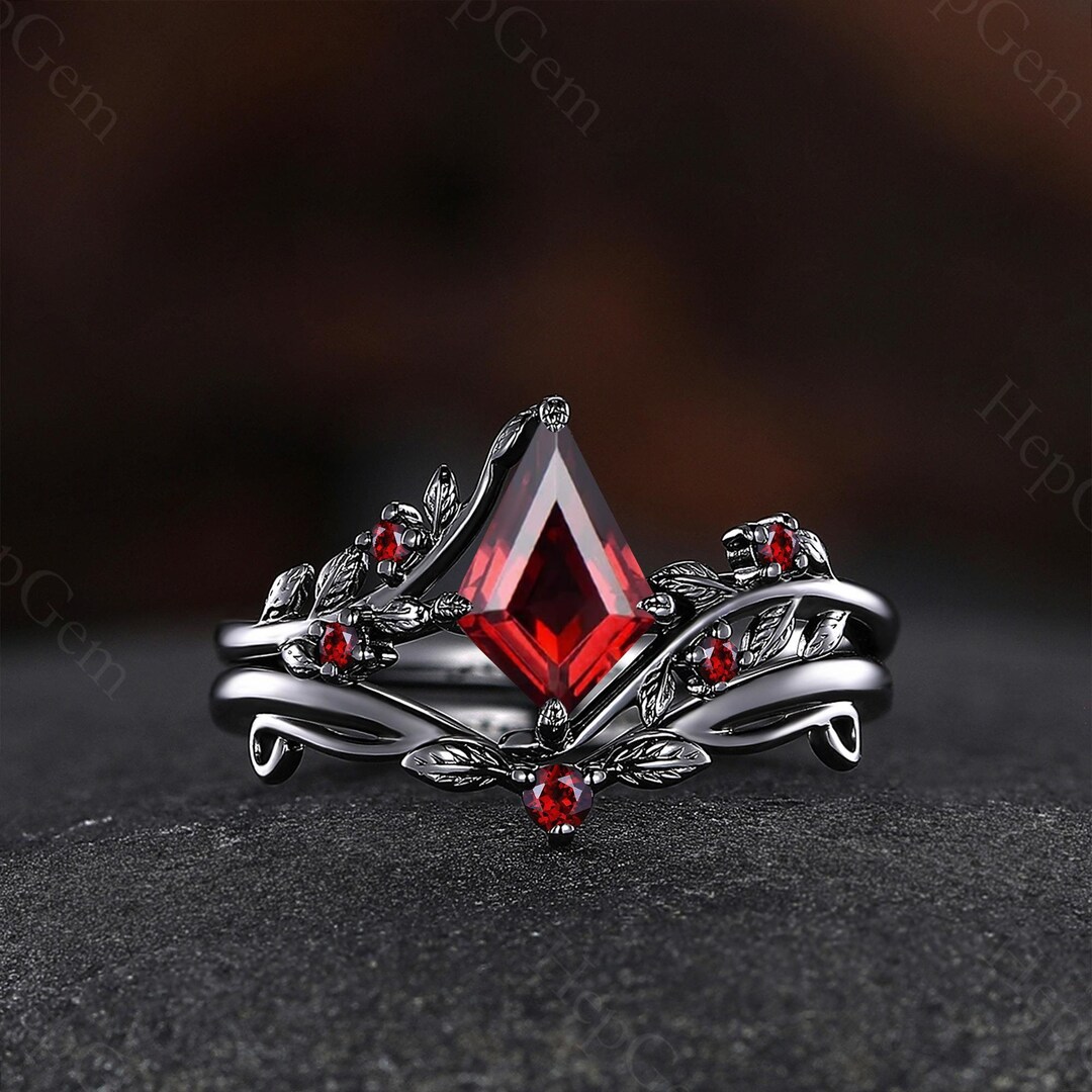 Gothic Kite Garnet Engagement Ring Unique Red Gemstone Promise Ring for ...