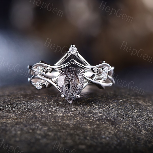 Natural Black Rutile Quartz Vintage Engagement Ring Black Rutilated ...
