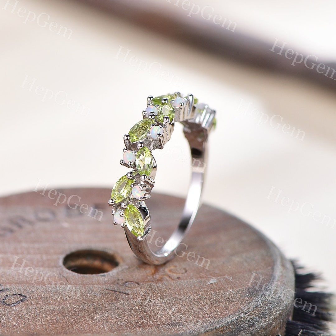 Marquise Peridot Stack Wedding Ring Half Eternity Fire Opal Stack Band Silver Rose Gold ...