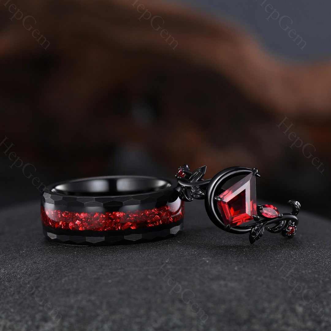 Gothic Garnet Couples Ring Set His and Hers Matching Wedding Band Moon ...