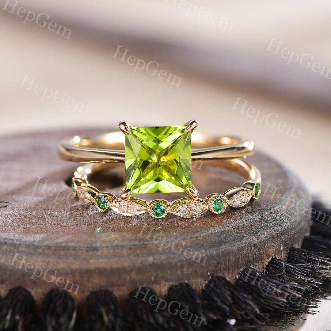 Princess Peridot Ring Set,silver Rose Gold Bridal Set,peridot Solitaire ...