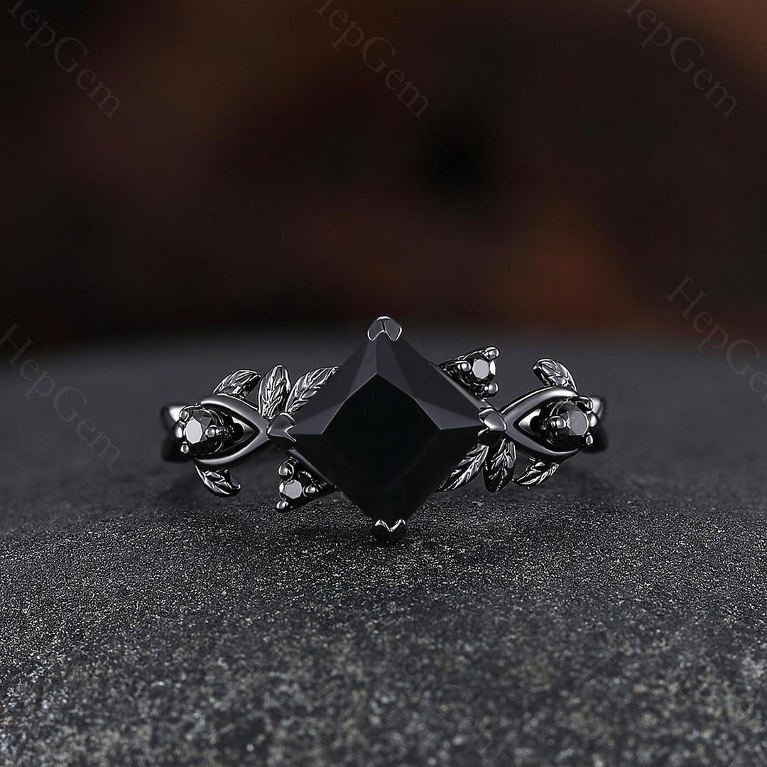 Gothic Black Onyx Engagement Ring, Princess Black Gemstone Wedding Ring ...