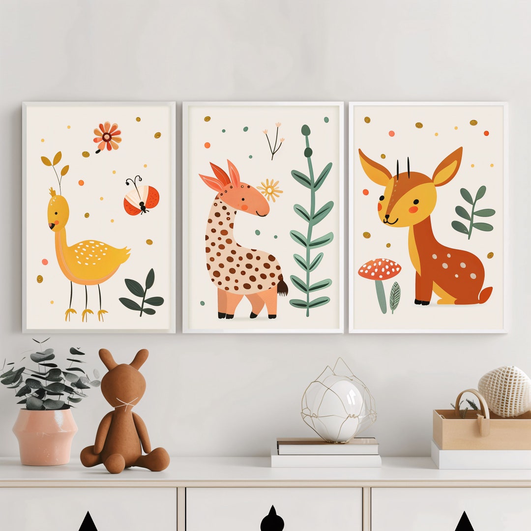 Kids Room Art Prints Stylized Animal Motifs Set of 3 Interior Design ...