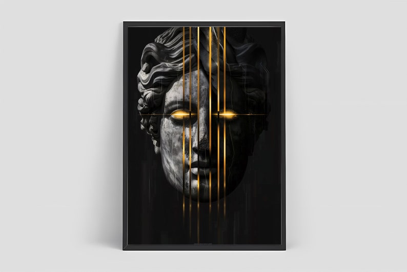 Symmetrical Poster of Ancient Statue With Gold Glowing Eyes and Streaks ...
