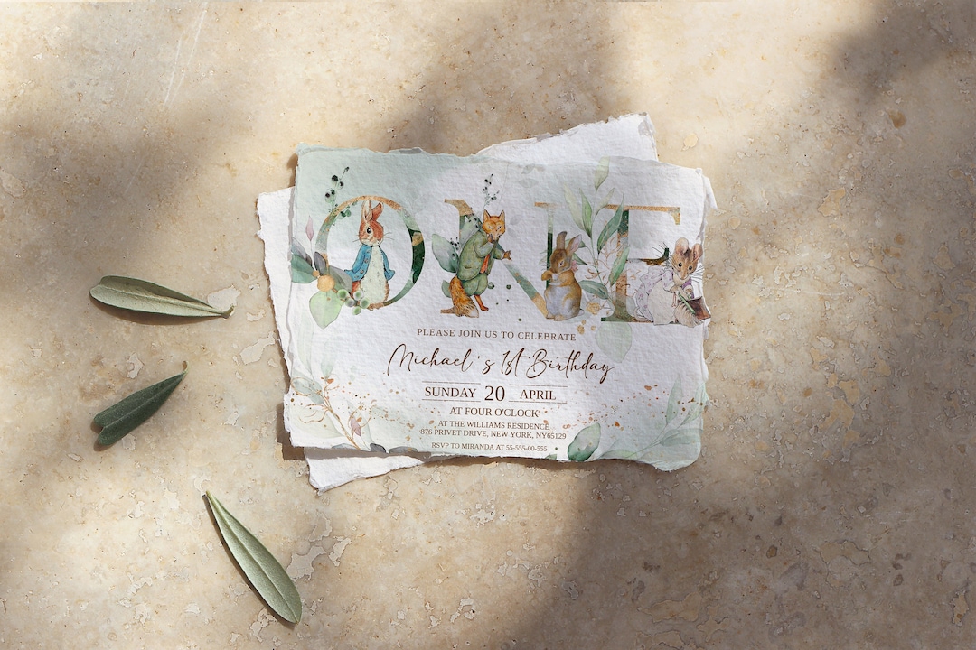 Rustic Peter Rabbit First Birthday Invitation Template; Spring Bunny ...