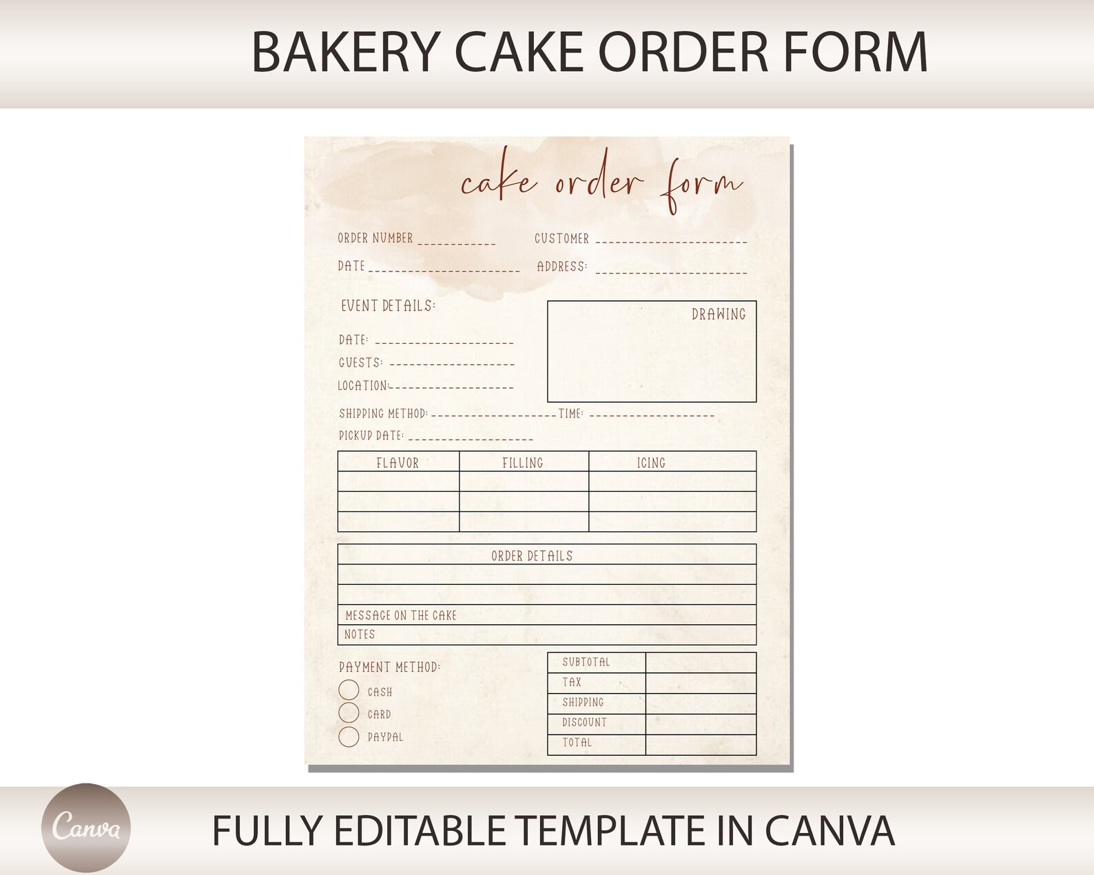DIY Cake Order Form Bakery Business Form Template Add Logo - Etsy