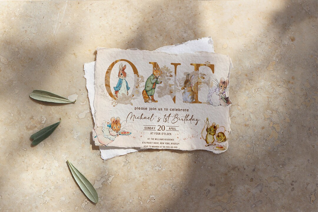 Rustic Peter Rabbit First Birthday Invitation Template; Spring Bunny ...