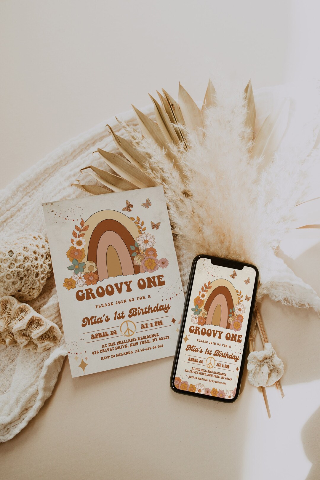 Groovy One Baby Editable Any Age Pink Groovy Van Daisy Rainbow Hippie ...