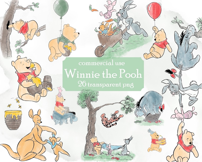 Winnie the Pooh Clip Art Png Watercolor; COMMERCIAL USE; Pooh Baby ...