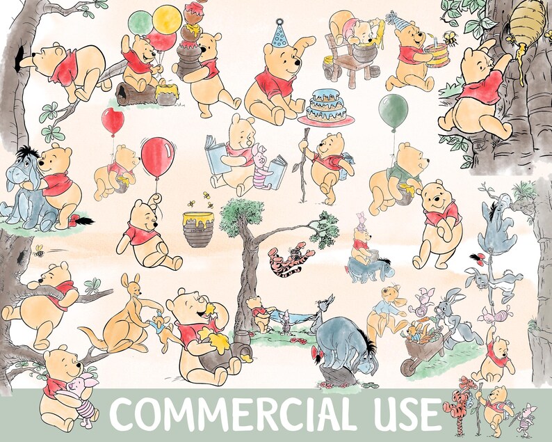 Winnie the Pooh Clip Art Png Watercolor; LIMITED Time OFFER! COMMERCIAL ...