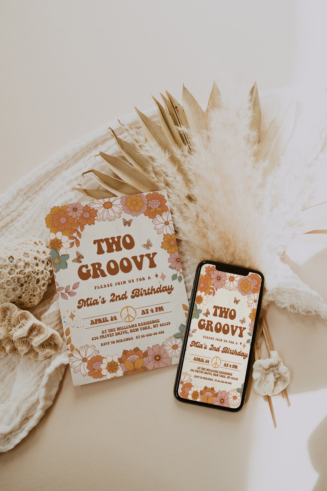 Two Groovy Baby Editable Any Age Pink Groovy Van Daisy Rainbow Hippie ...