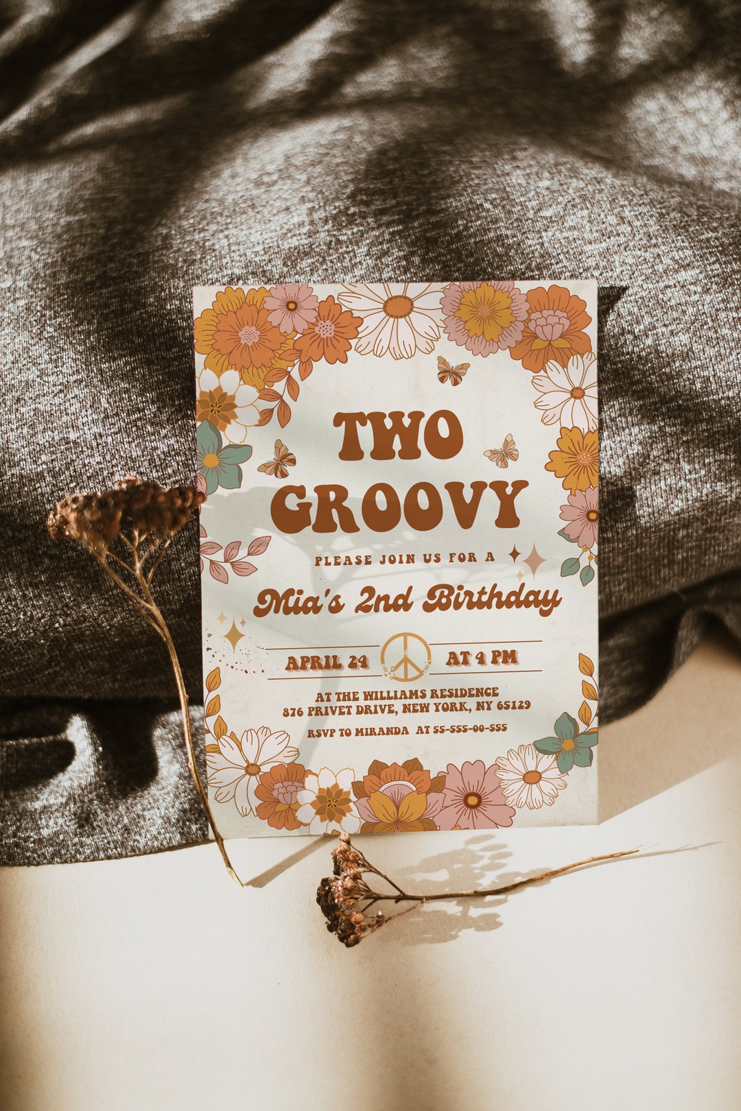 Two Groovy Baby Editable Any Age Pink Groovy Van Daisy Rainbow Hippie ...