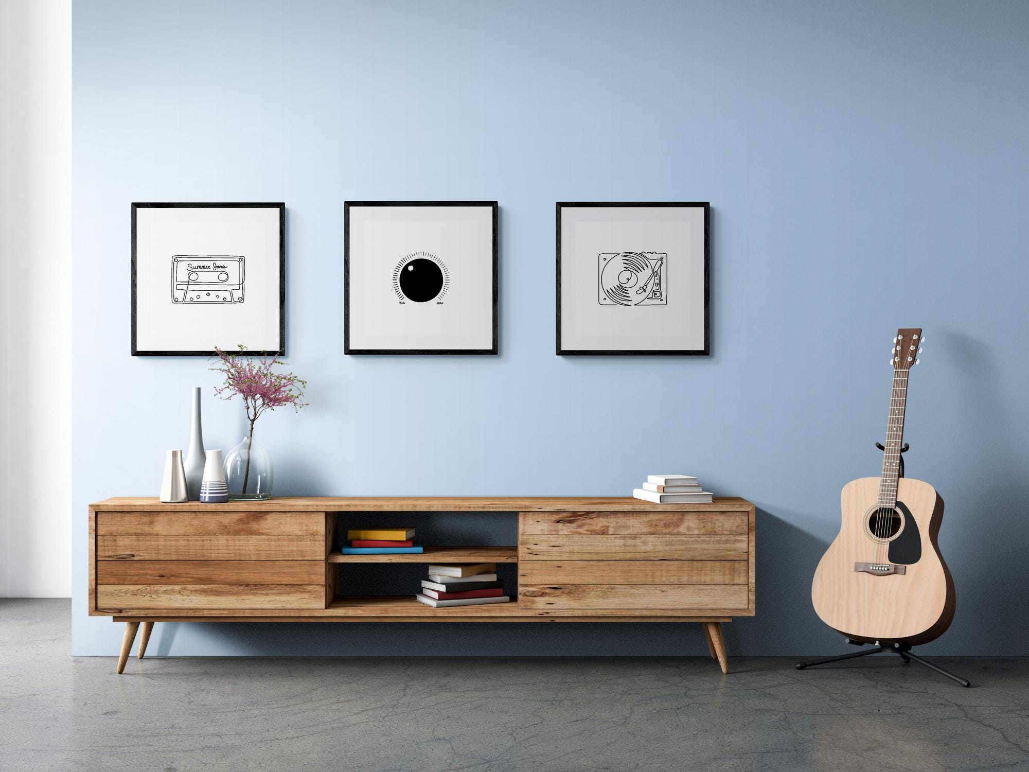Framed Record Player Minimalistic Line Drawing Print | Music Lover Wall ...