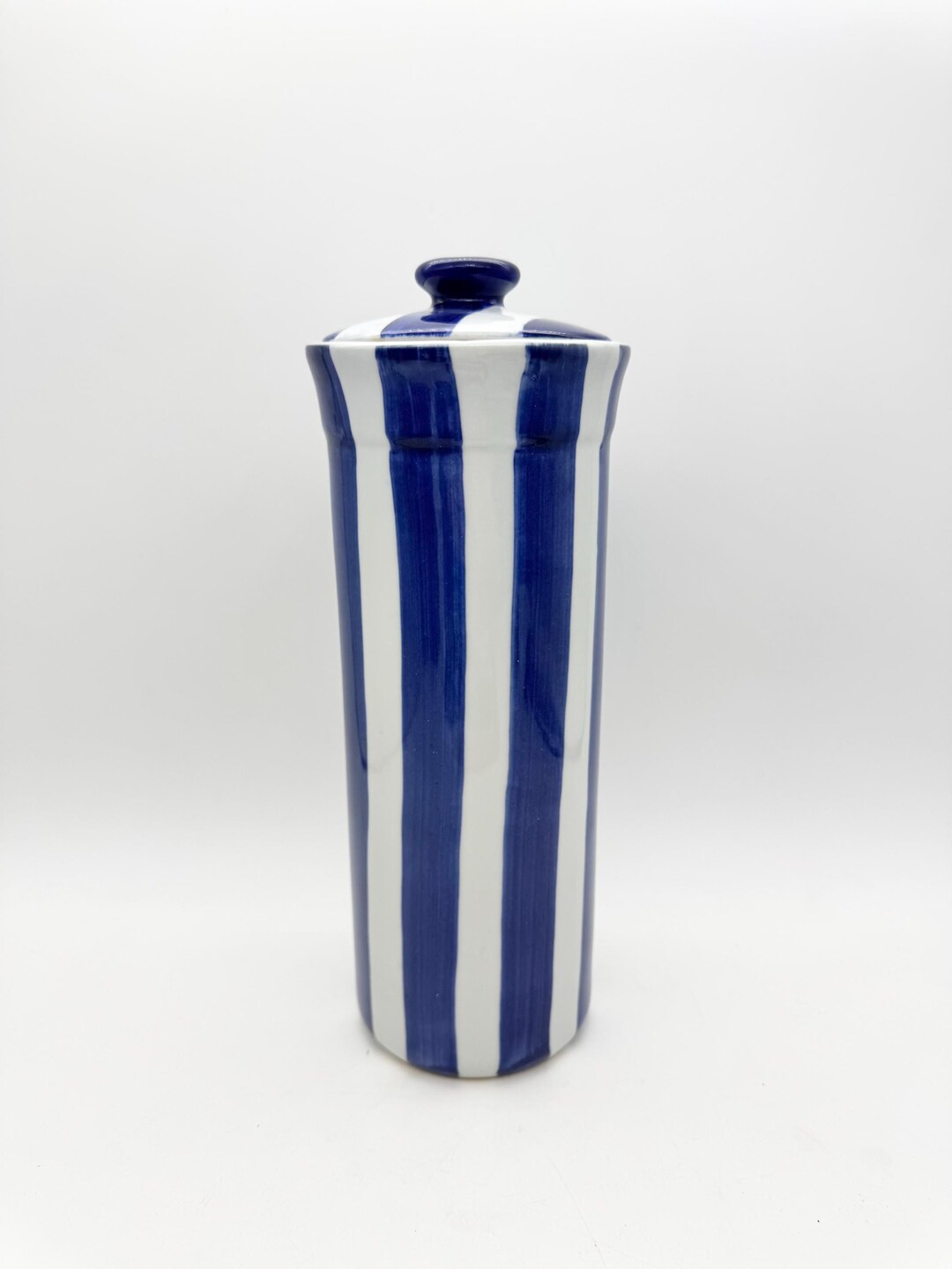 Vintage Ceramic Spaghetti Jar, White Blue Striped Ceramic Kitchen Jar ...