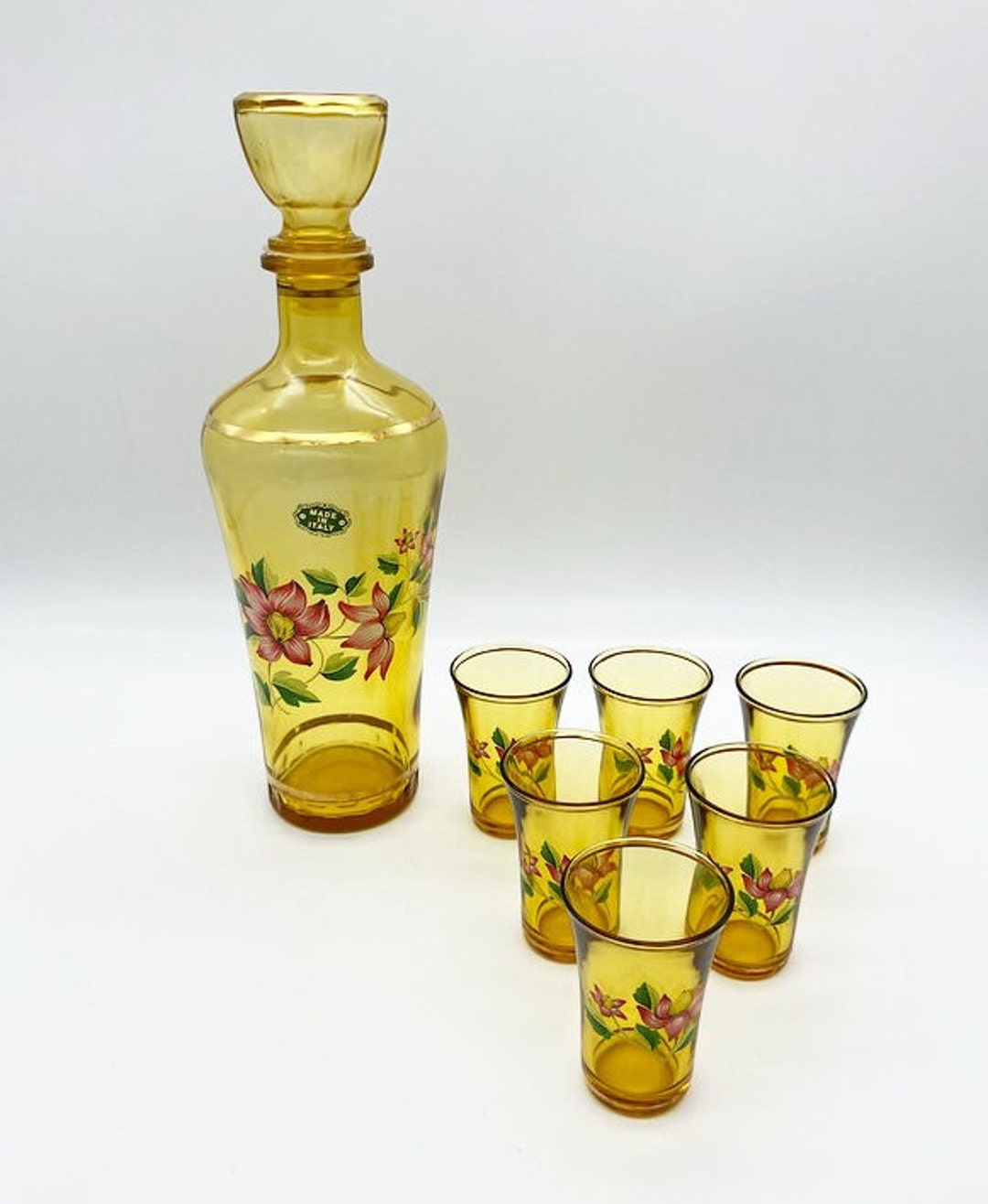 Vintage Italian Amber Decanter With Glasses, Liquor Glasses Set - Etsy