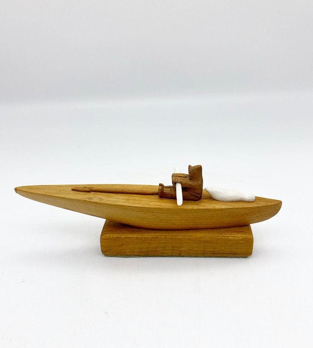 Vintage Mid Century Handmade Wooden Small Inuit Fishing Boat Figurine ...