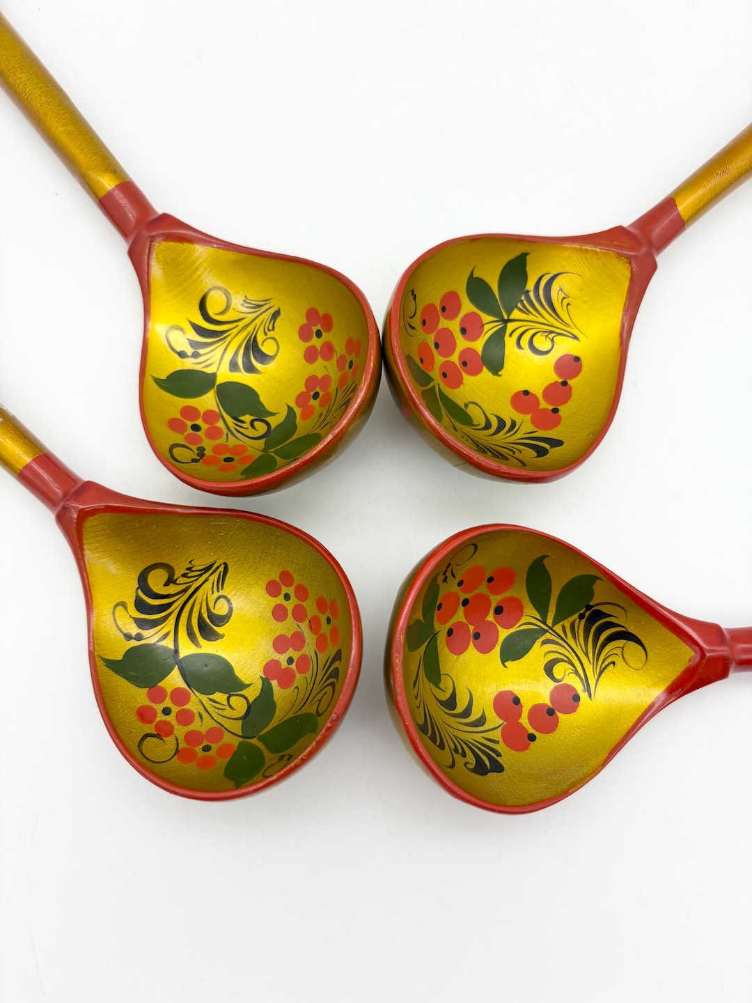 Vintage Khokhloma Russian Wooden Spoons Set, Hand Painted Floral Folk ...