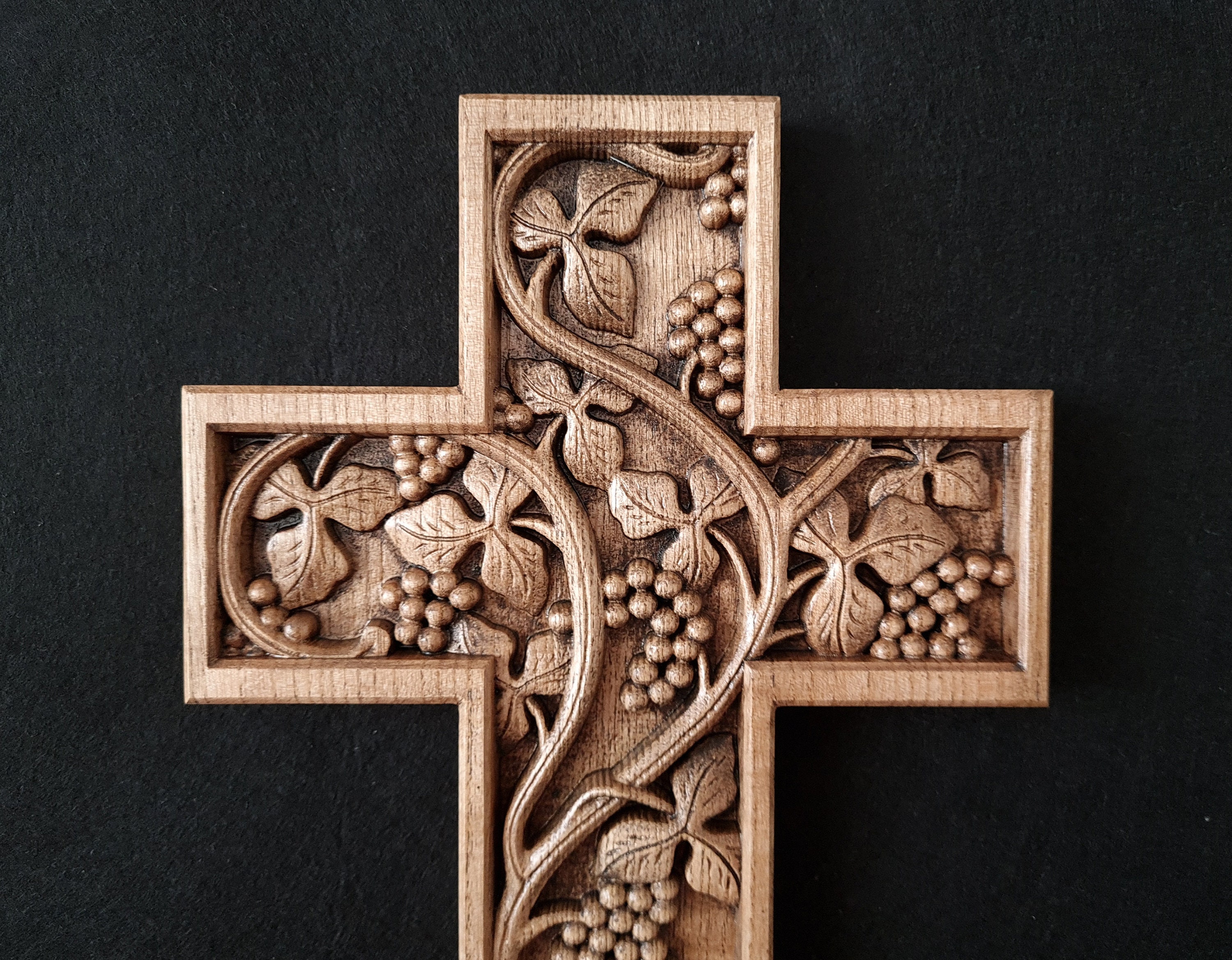 Wooden Carved Cross With Grapes Natural Wood Choose Size - Etsy