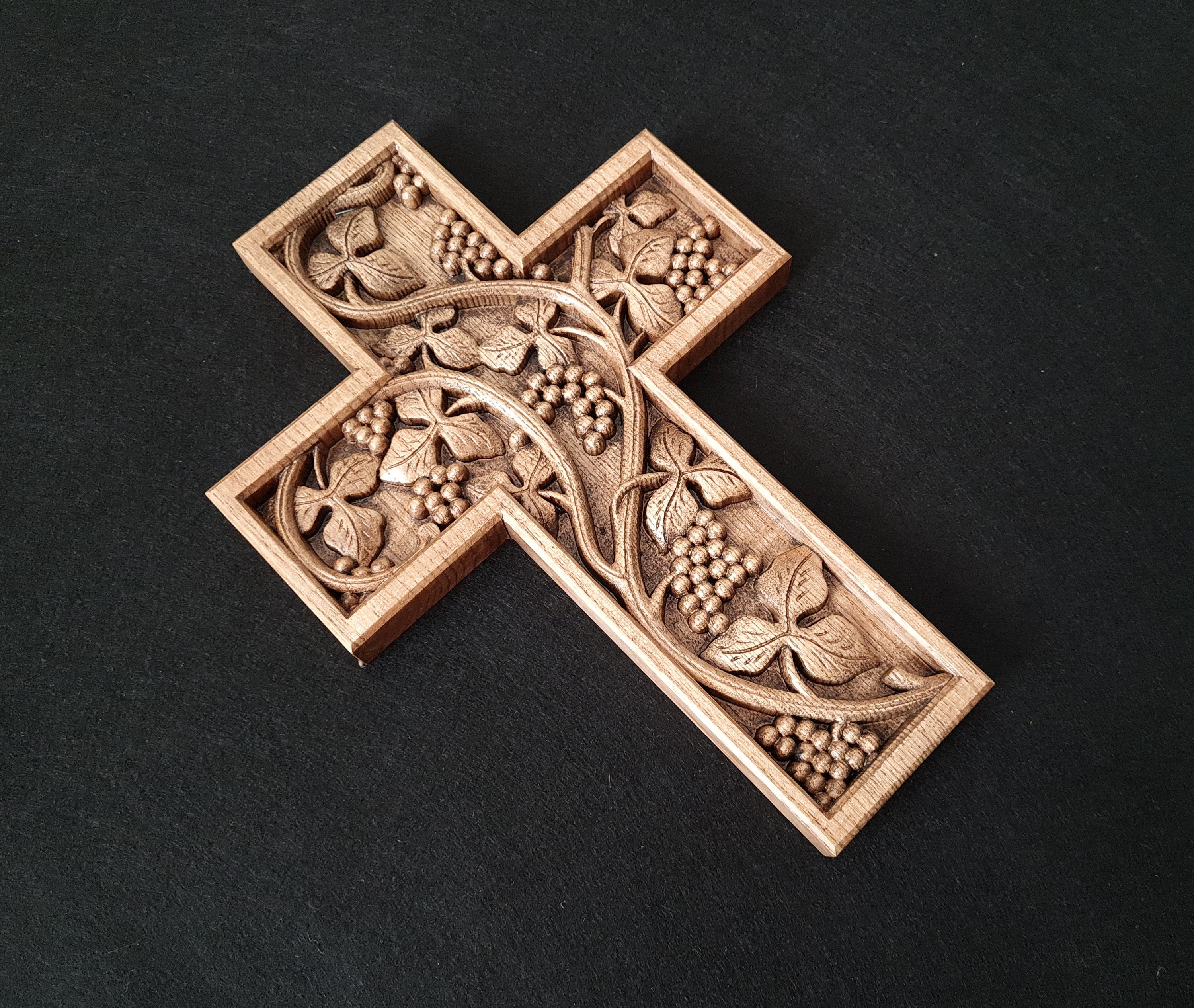 Wooden Carved Cross With Grapes Natural Wood Choose Size - Etsy