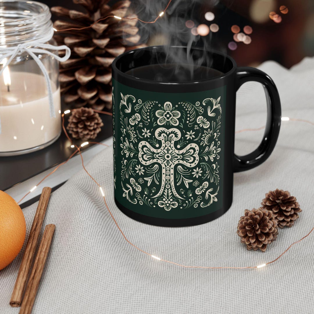 Scandinavian Floral Cross Mug | Black Ceramic Coffee & Tea Cup - Etsy