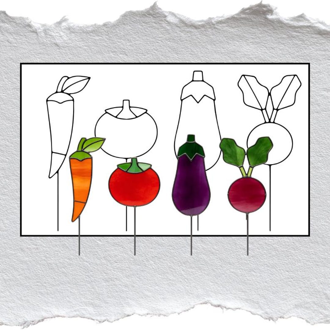 Garden Vegetable Stained Glass Pattern Set of 4, Chili Tomato Eggplant ...