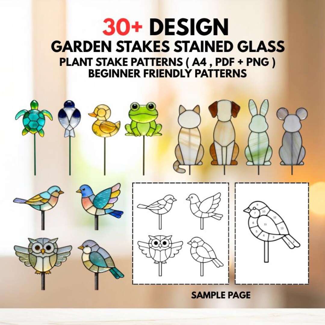 30+ Plant Stake Stained Glass Pattern Bundle, Beginner Friendly Garden ...