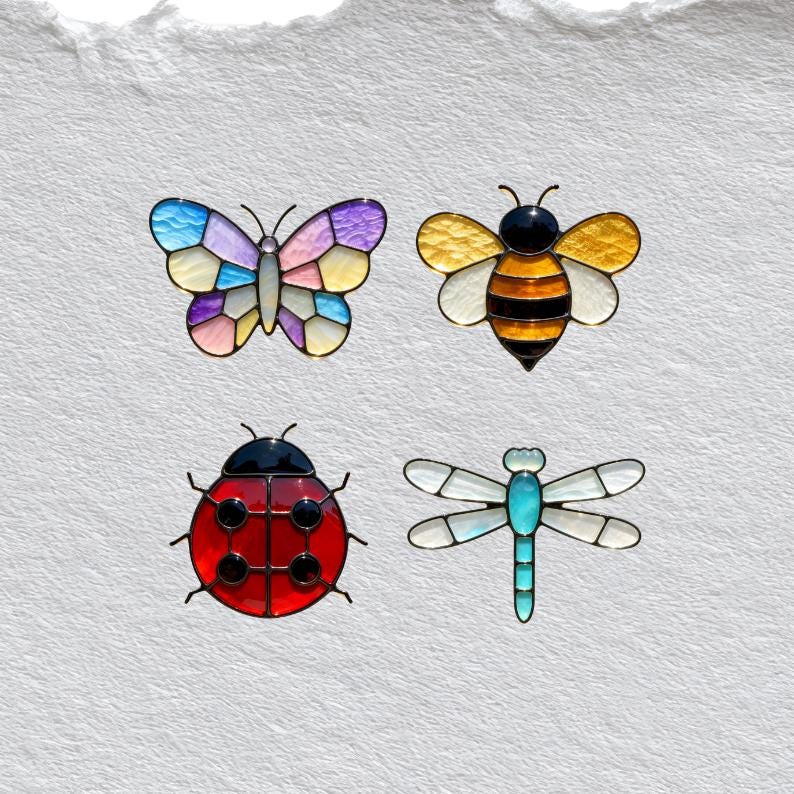 Insect Suncatcher Stained Glass Pattern Set of 4, Butterfly, Bee ...