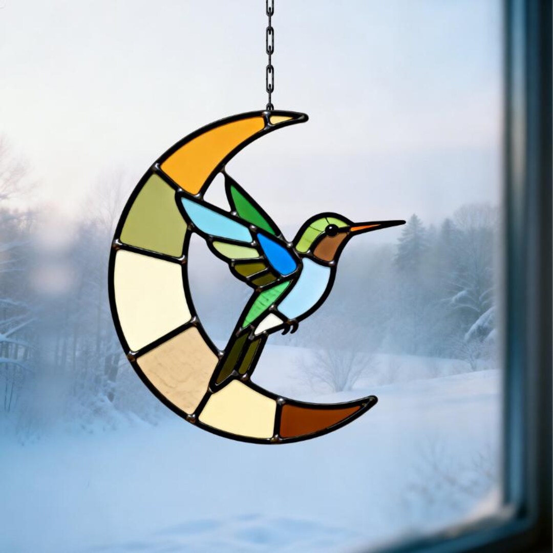 Hummingbird and Moon Stained Glass Pattern, Hummingbird Moon Suncatcher ...