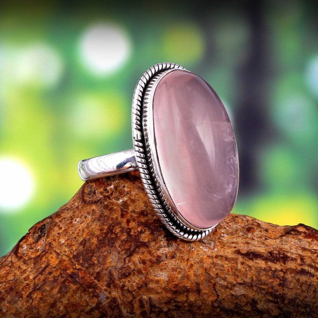 Rose Quartz Silver Ring, 925 Sterling Silver Rectangle Shape Gemstone ...