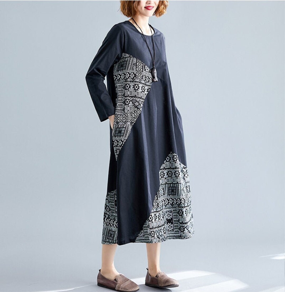 Personalized Print Large Size Linen Dress, Maxi Women's Dress,long ...