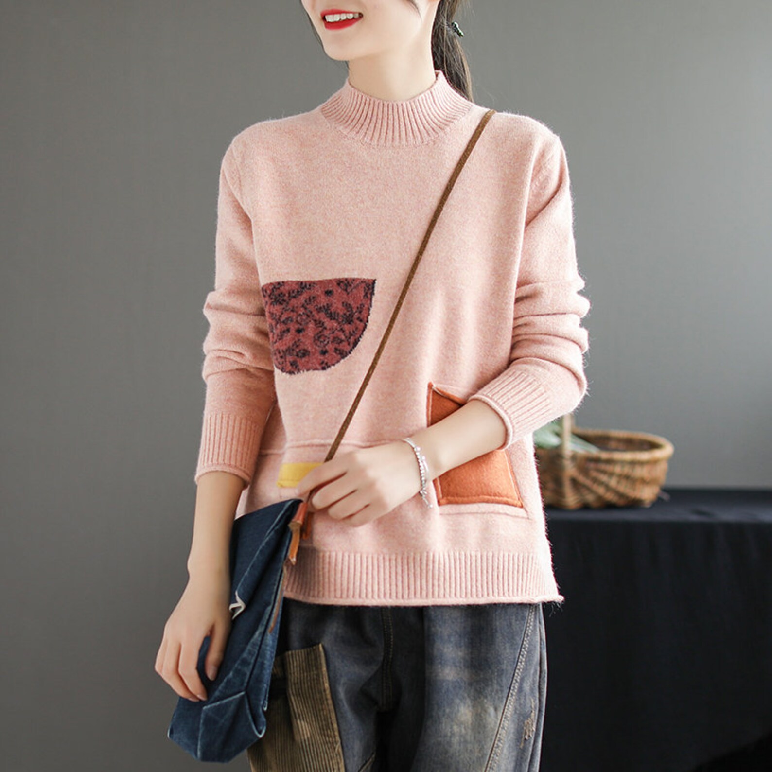 Autumn and winter retro half-high collar print | Etsy