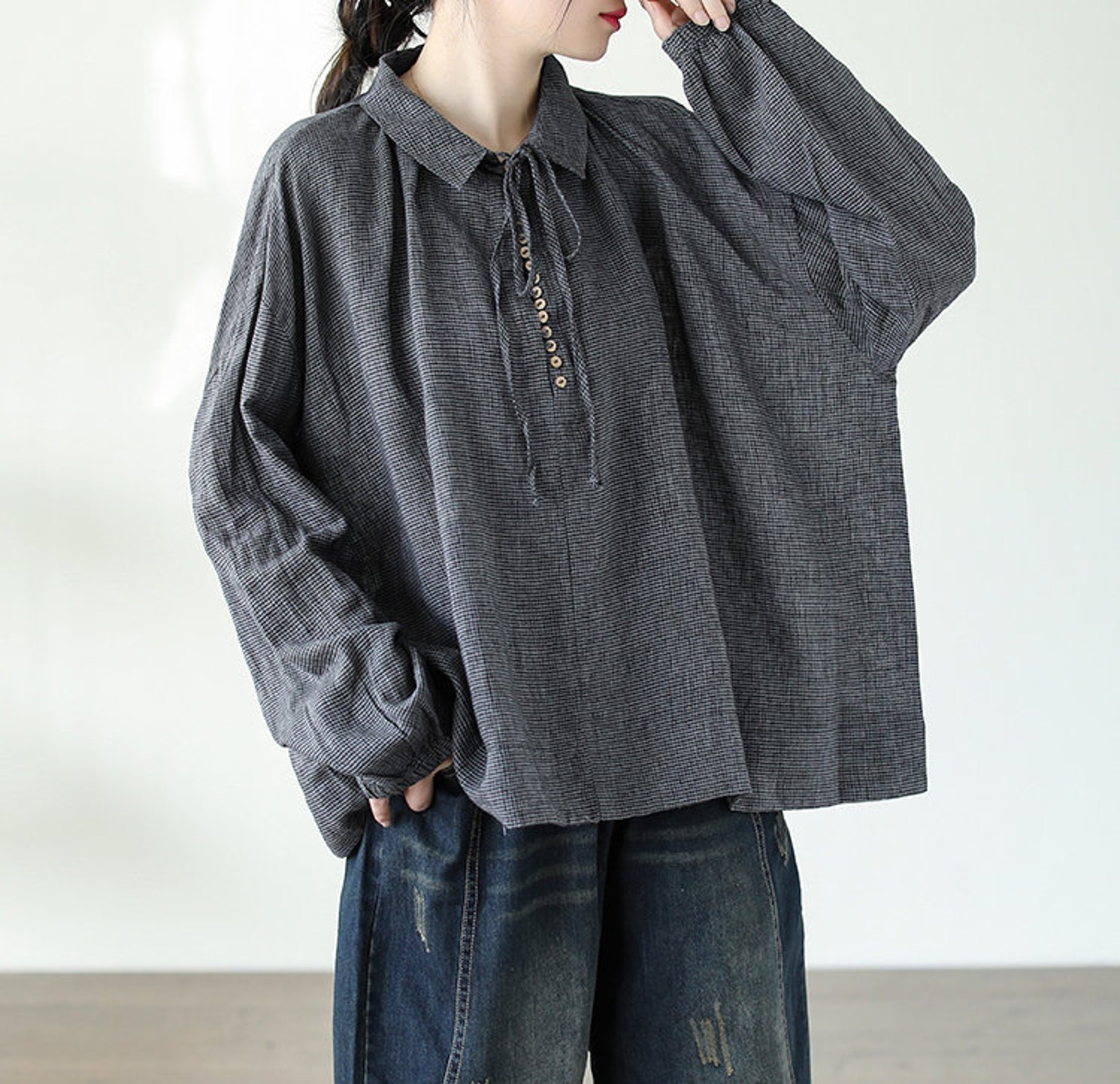 Linen Plaid Pullover WomenLoose Long Sleeve Cotton Linen | Etsy