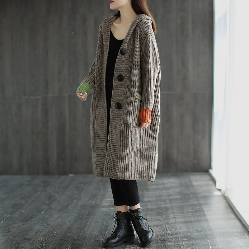 Fall/winter Retro Plus Size Hooded Cardigan Women Contrast - Etsy