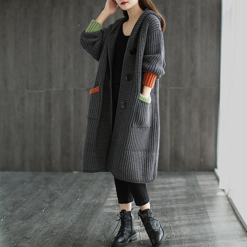 Fall/winter Retro Plus Size Hooded Cardigan Women Contrast - Etsy