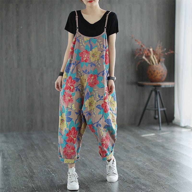 Printed Cotton and Linen Jumpsuit Women,slim Jumpsuits,loose Work ...