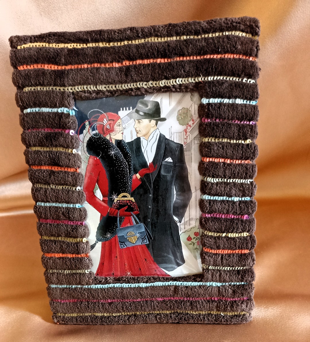Vintage Brown Velvet Table Photo Frame, Pallietes Picture Frame, Boho ...