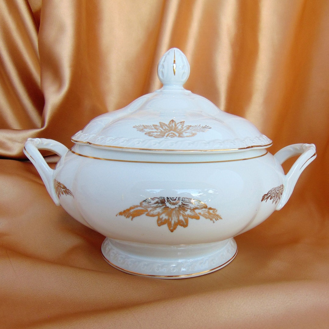 Vintage Porcelain Soup Tureen, White and Gold Soup Serving Bowl With ...