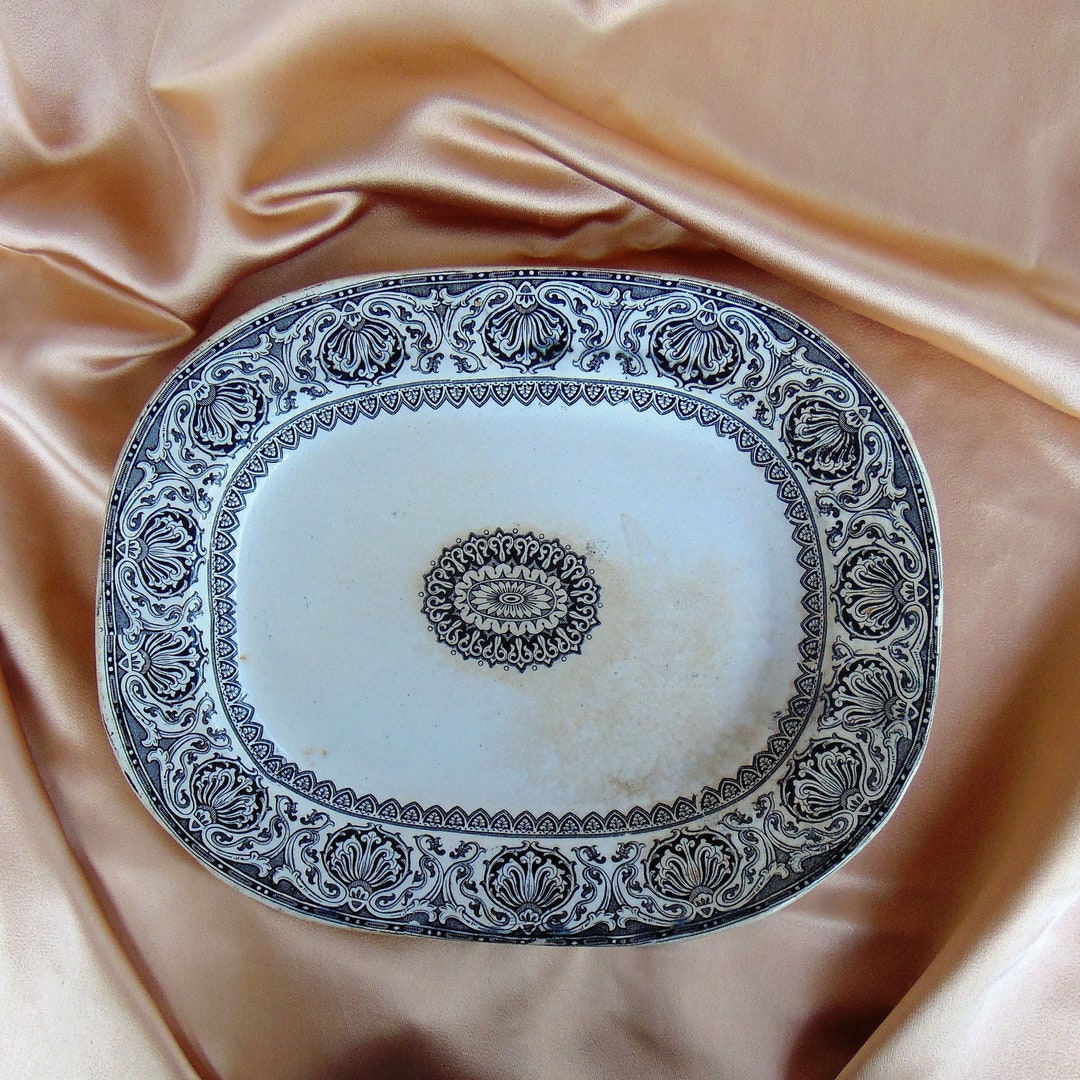 Vintage Faience Decorative Plate, Art Deco Black and White Oval ...