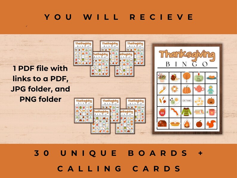 Thanksgiving Bingo 30 Unique Bingo Cards PDF JPG PNG Thanksgiving Games ...