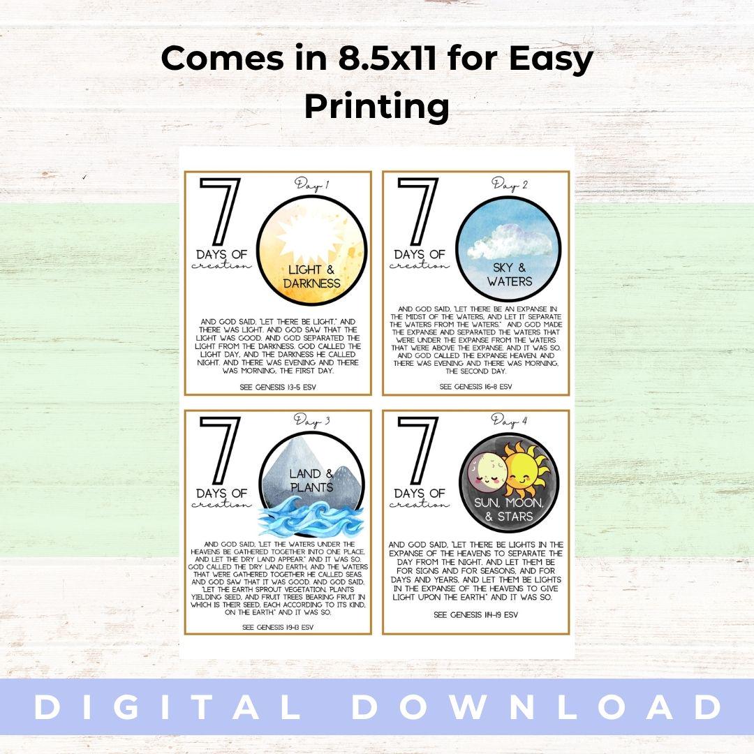7 Days of Creation Printable Cards | Genesis | Sunday School | - Etsy