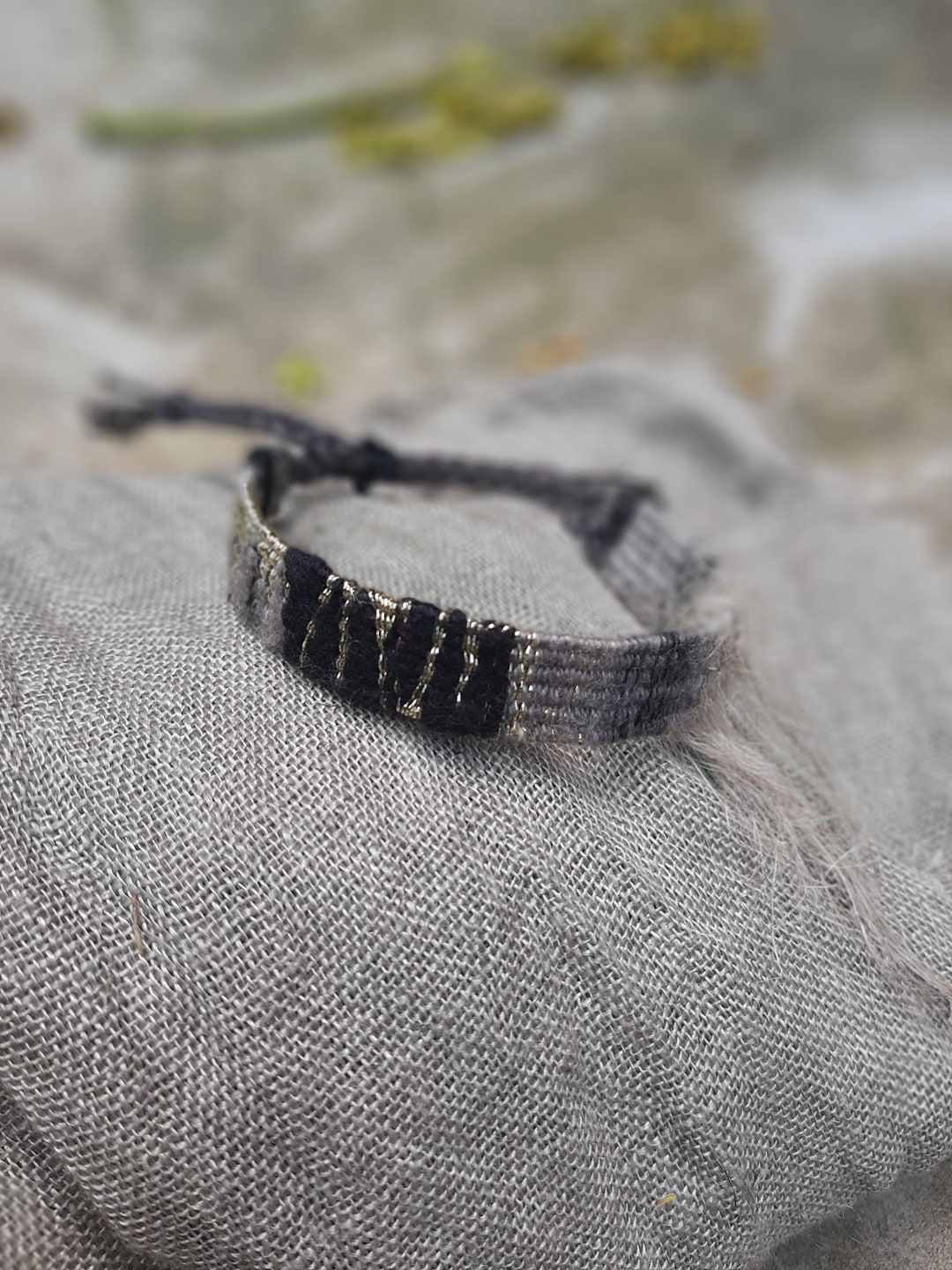 Elegant Linen Bracelet in Shades of Black and Pink, Rustic Textile ...
