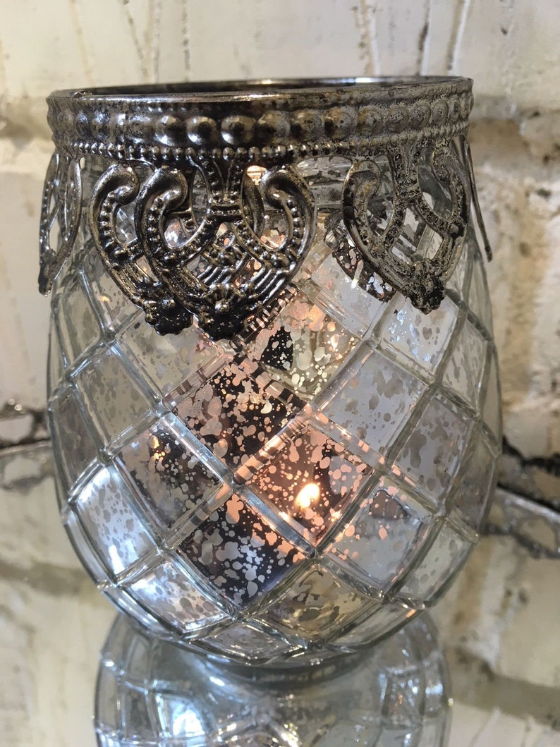 Antique Style Mercury Glass Tea Light Candle Holder Silver Etsy