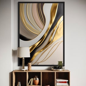 Gold, Black & Beige Metallic Digital Print, Marble Effect Artwork ...