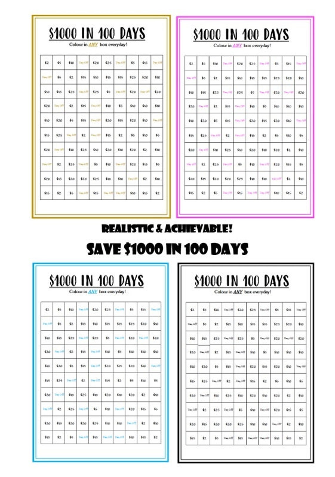 The Achievable Saving Chart Save 1000 Dollars in 100 Days - Etsy